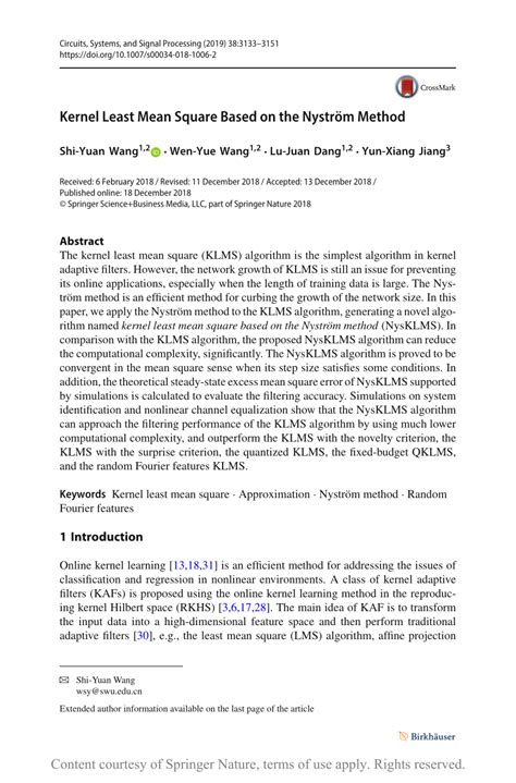 Kernel Least Mean Square Based On The Nyström Method Request Pdf