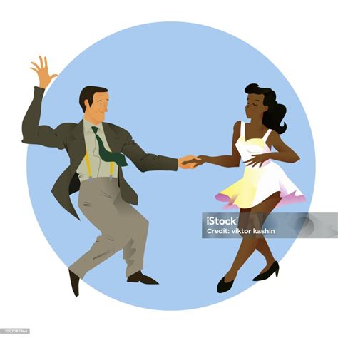 Lindy 홉 댄서 남녀의 서로 다른 국적 춤 블루 원형 배경에 고립 된 사람들입니다 춤의 스튜디오에 대 한 포스터입니다