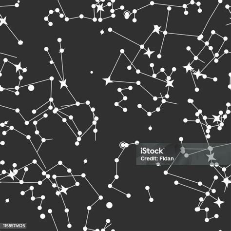 별 공간 우주 조디악 우주 흰색 얇은 라인 요소 패턴 벡터 원활한 별자리 검은 색 배경입니다 천문학 점성술 개체입니다 직물 직물 배너 디자인 0명에 대한 스톡 벡터 아트 및
