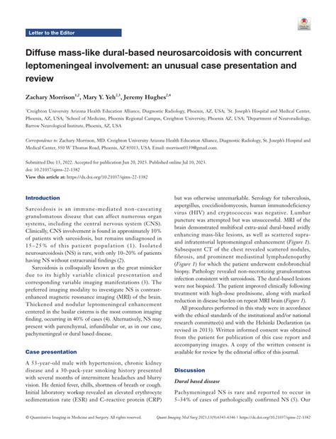 Pdf Diffuse Mass Like Dural Based Neurosarcoidosis With Concurrent Leptomeningeal Involvement