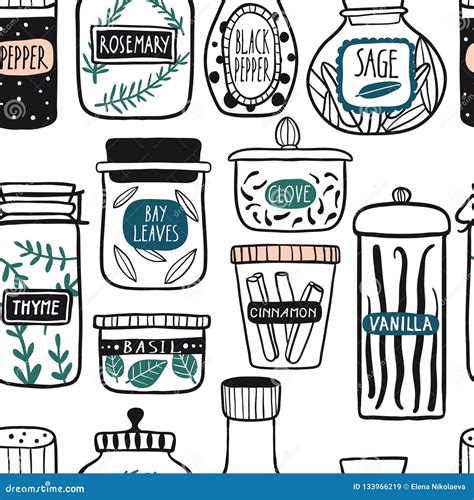 Herbs And Spices Jars Seamless Pattern Stock Vector Illustration Of