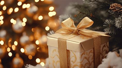 크리스마스 트리 배경에 황금 리본으로 장식된 선물 상자를 들고 있는 여성 손 현재 선물 선물 상자 배경 일러스트 및 사진 무료 다운로드 Pngtree