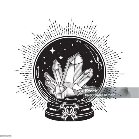 손으로 그린 마법의 수정 구슬은 보석 라인 아트 도트 작업으로 완성됩니다 보헤미안 세련된 문신 포스터 또는 제단 베일 인쇄 디자인 벡터 그림 검은색에 대한 스톡 벡터 아트