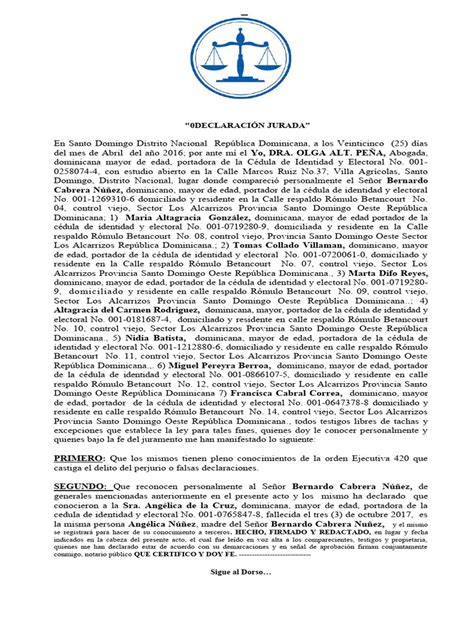 Declaracion Jurada Bernardo Pdf República Dominicana Documento De