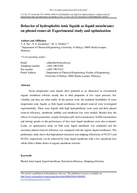 Pdf Behavior Of Hydrophobic Ionic Liquids As Liquid Membranes On