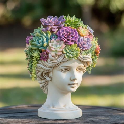 Serene sculpture of woman with colorful succulents as hair in garden ...
