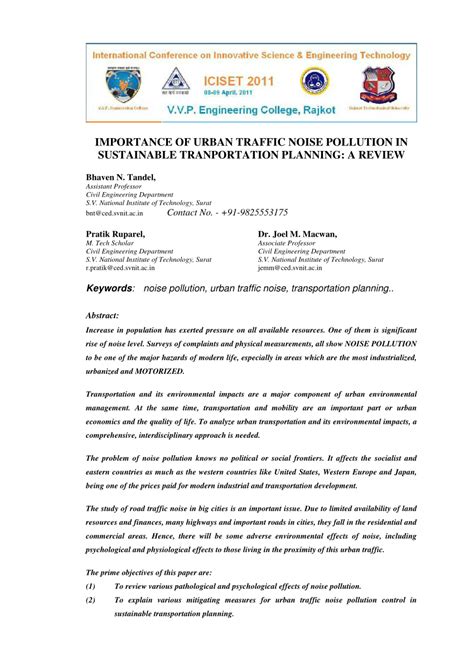 Pdf Importance Of Urban Traffic Noise Pollution In Sustainable Transportation Planning A Review