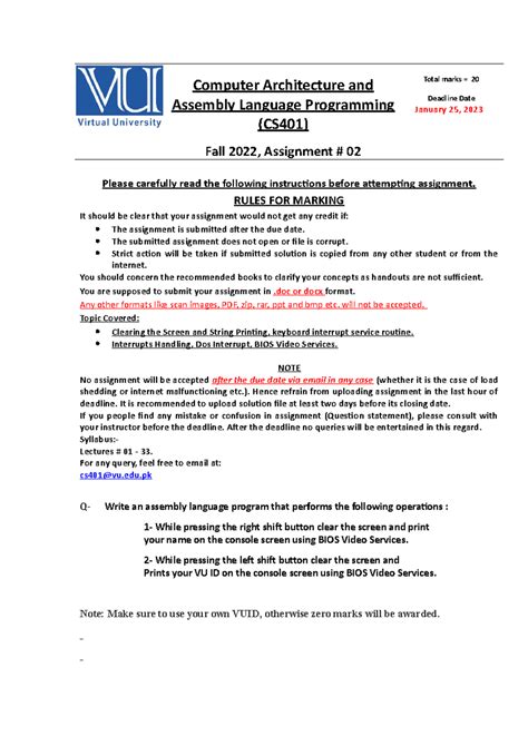 Fall 2022 Cs401 2 Computer Architecture And Assembly Language Programming Cs401 Fall 2022