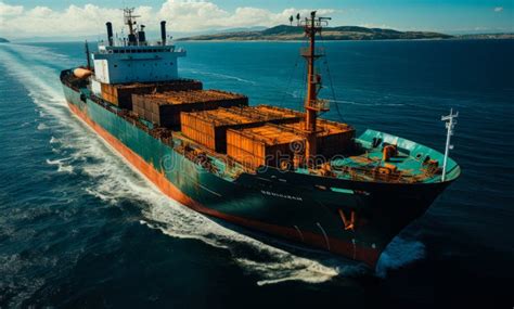 Cargo Ship Navigating Through Open Seas A Massive Cargo Ship Sailing Across The Endless Ocean