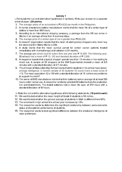 Formulating Hypothesis Activity I Formulate The Null And Alternative Hypotheses In Symbols