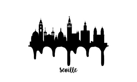 세비야 스페인 검은 스카이 라인 실루엣 벡터 일러스트 레이 션 흰색 배경에 떨어지는 잉크 효과 세비야에 대한 스톡 벡터 아트 및