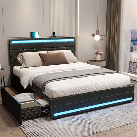 Buy Adorneve Queen Bed Frame With Led Lights Leather Platform Bed With