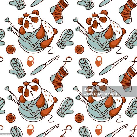 귀여운 팬더와 원사 공 뜨개질 크로 셰 뜨개질 원활한 패턴입니다 공예에 대한 스톡 벡터 아트 및 기타 이미지 공예 귀여운 그래픽 프린트 Istock