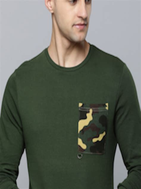 Buy Flying Machine Men Olive Green Solid Pockets Pure Cotton Sweatshirt