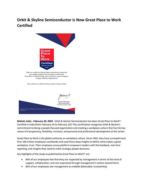 Orbit And Skyline Semiconductor Is Now Great Place To Work Certified By
