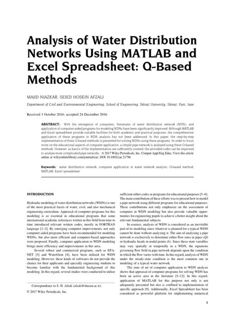 Analysis Of Water Distribution Networks Using Matlab Pdf Pdf Matrix Mathematics Matlab