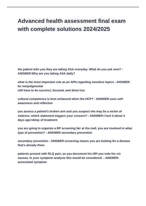 Advanced Health Assessment Final Exam With Complete Solutions Advanced Health