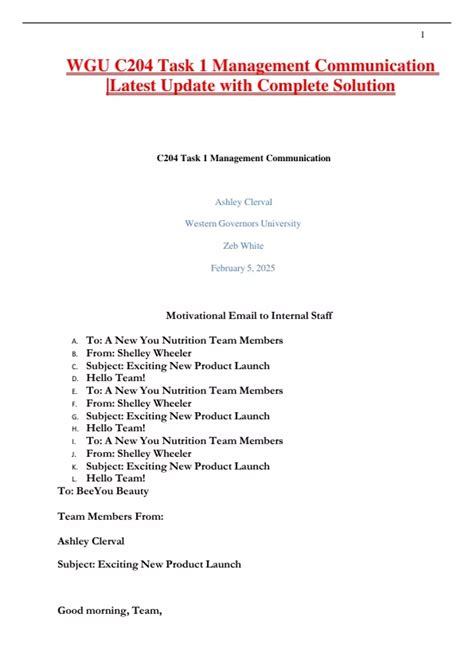 Wgu C204 Task 1 Management Communication Latest Update With Complete