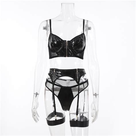Wild N Sexy Faux Leather Mesh Stitching Lingerie Three Piece Set Black