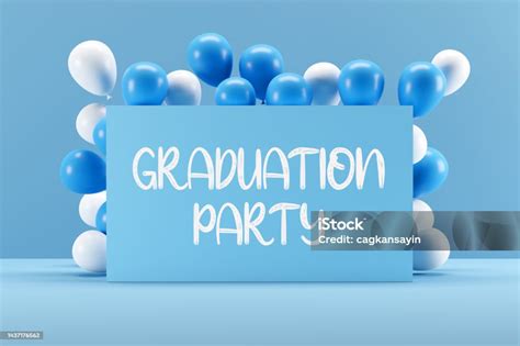 풍선으로 액자에 담긴 졸업 파티 메시지가있는 파란색 기호 졸업 파티 초대장 발표 인사말 카드 졸업식에 대한 스톡 사진 및 기타 이미지 Istock