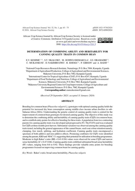 Pdf Determination Of Combining Ability And Heritability For Canning Quality Traits In Common Bean