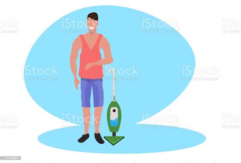 남자 청소 바닥 진공 청소기 가사와 가구 개념 남성 만화 캐릭터 전체 길이 수평 가사 집안일에 대한 스톡 벡터 아트 및 기타