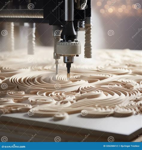 Precision Cnc Router Carving Detailed Design Into Wood With Intricate Lines And Textures Stock