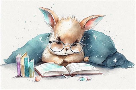 Watercolor Illustration Of Cute Sleepy Bunny Wearing Glasses Reading
