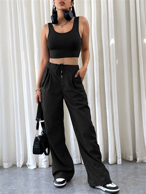 Shein Ezwear Solid Crop Tank Top And Drawstring Waist Pants Shein Usa