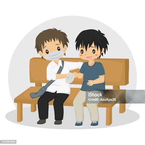 그의 친구에게 얼굴 마스크를주는 소년 어린이 착용 얼굴 마스크 만화 벡터 건강관리와 의술에 대한 스톡 벡터 아트 및 기타 이미지