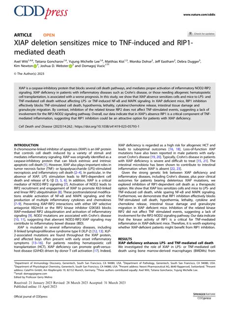 Pdf Xiap Deletion Sensitizes Mice To Tnf Induced And Rip1 Mediated Death