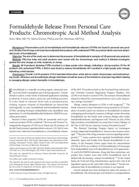 Pdf Formaldehyde Release From Personal Care Products Chromotropic Acid Method Analysis