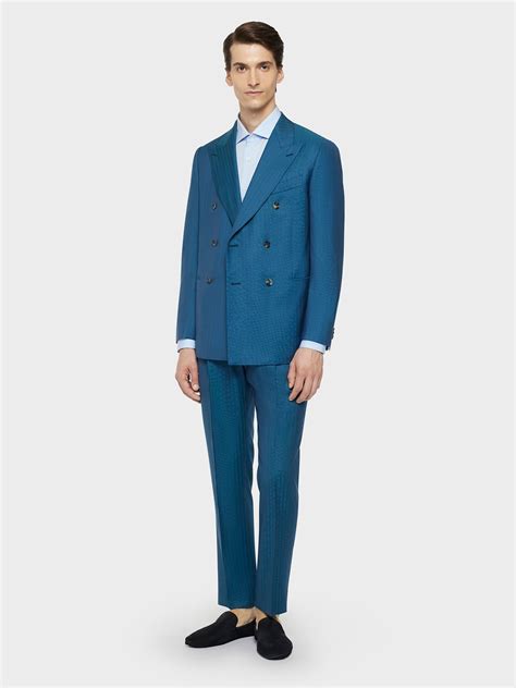 Caruso Norma Double Breasted Suit In Ottanio Blue Wool And Silk
