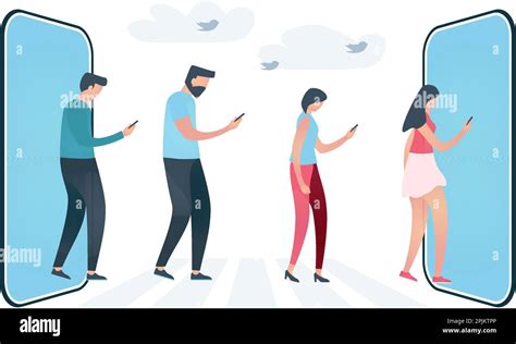 Group Of Four People That Follow Each Other And Looking At Phones