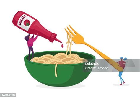 접시에 거대한 병에서 케첩 소스를 붓고 포크를 사용하여 스파게티 파스타를 먹는 작은 여성 캐릭터 마카로니 이탈리아 요리 건강한