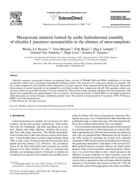 Pdf Mesoporous Material Formed By Acidic Hydrothermal Assembly Of