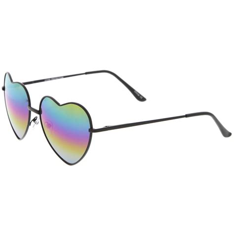 Womens Metal Frame Colored Mirror Rainbow Lens Heart Sunglasses 61mm