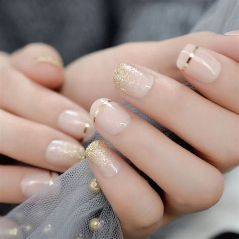 Press On Nails Short Gold Glitter Nude Press On Nail Short Fake Nails False Nails Glue