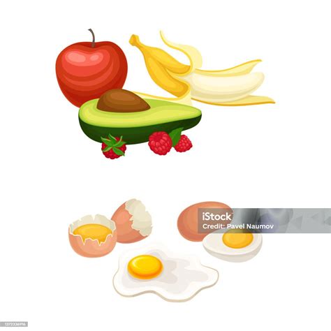 껍질과 삶은 달걀 벡터 세트에서 사과와 아보카도와 달걀달콤한 과일 과일에 대한 스톡 벡터 아트 및 기타 이미지 과일 귀여운 껍데기 Istock