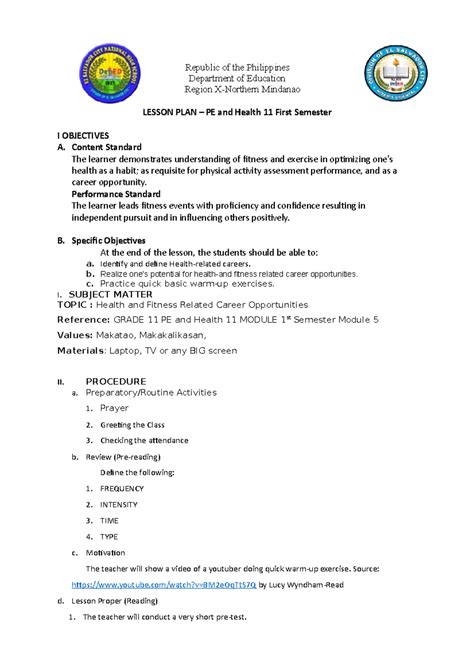 Cot1 Peh 11 Lp Lesson Plan Used For Classroom Training Republic Of