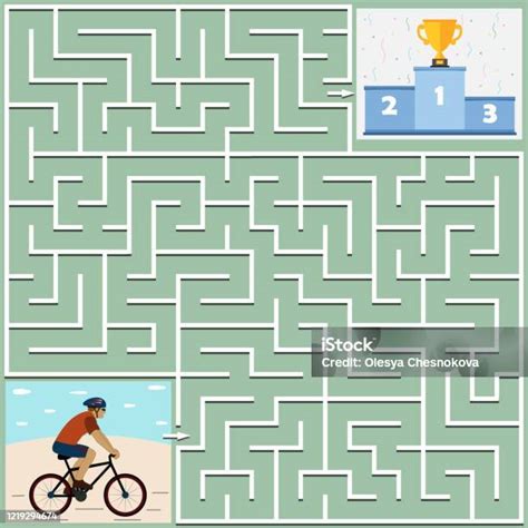 스포츠의 주제에 아이들을위한 미로 게임 연단에 1 위를 차지하고 컵 색상 벡터 일러스트 레이션 배경 녹색 우승 하는 사이클리스트를 도와 개발에 대한 스톡 벡터 아트 및 기타