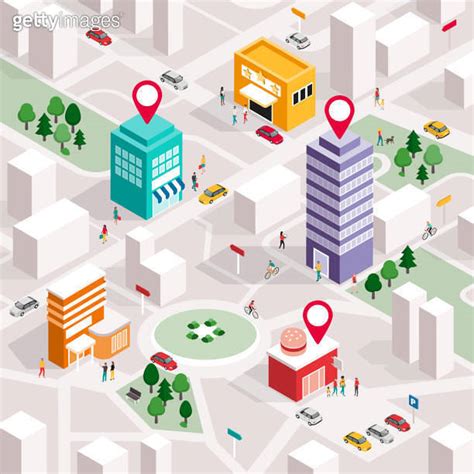 Isometric city map with people buildings and pin pointers 이미지