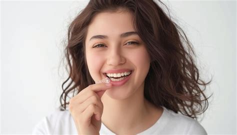 A Young Smiling Woman Holding Invisible Align Braces Over White