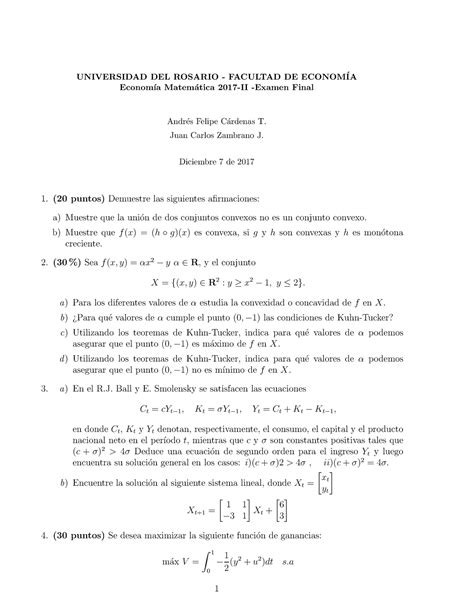 Examen Final 2017 2 Economia Matematica UNIVERSIDAD DEL ROSARIO