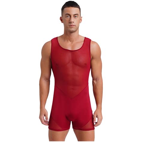Ttao Mens One Piece Sleeveless Mesh Sheer Rompers Wrestling Singlets