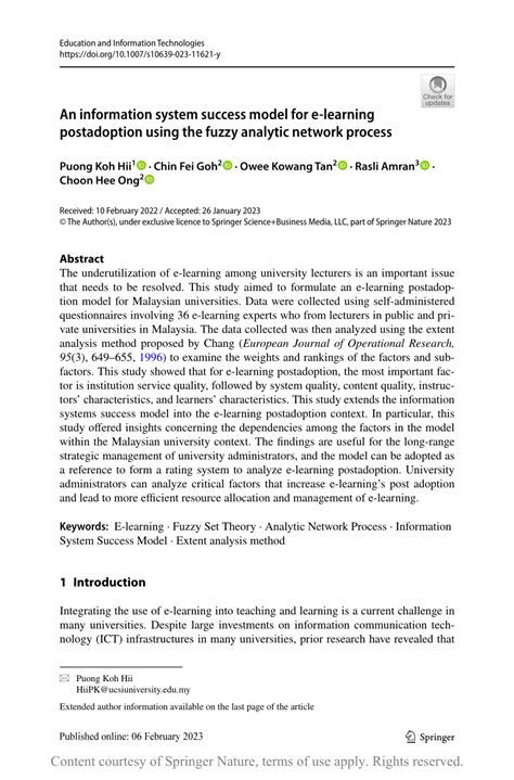 An Information System Success Model For E‑learning Postadoption Using The Fuzzy Analytic Network