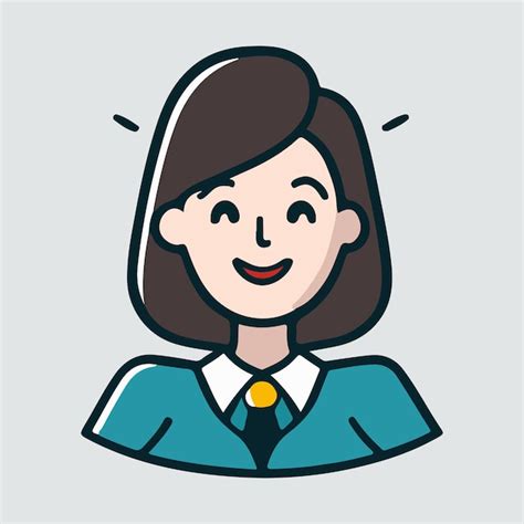 Um desenho animado de uma mulher uma camisa azul e um botão amarelo