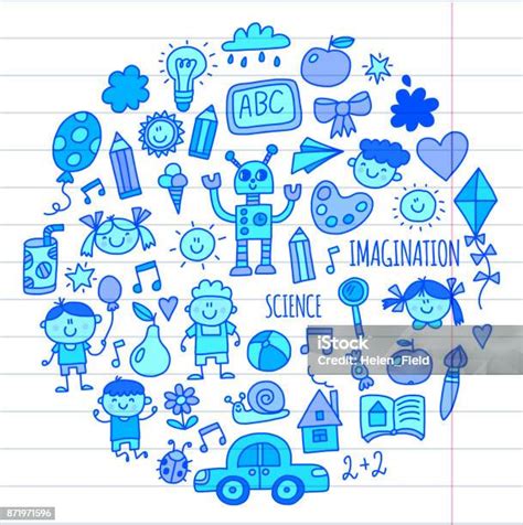 학교 유치원입니다 행복 한 아이 들 창의력 상상력 낙서 아이콘 아이 들과 함께입니다 재생 하 고 연구 하 고 행복 한 학생 과학