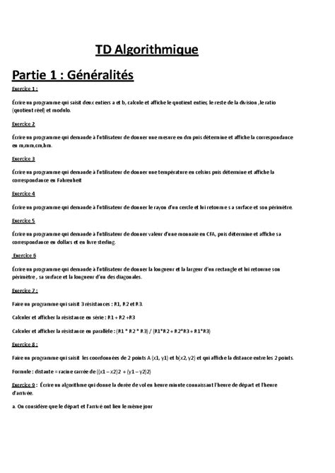 Travaux Dirigés Algorithme TD Algorithmique Partie 1 Généralités
