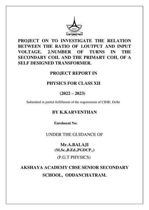 Karventhan Physics Nil PROJECT ON TO INVESTIGATE THE RELATION BETWEEN THE RATIO OF 1 AND